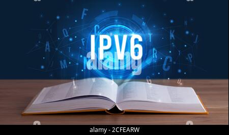 IPV6 inscription coming out from an open book, digital technology ...