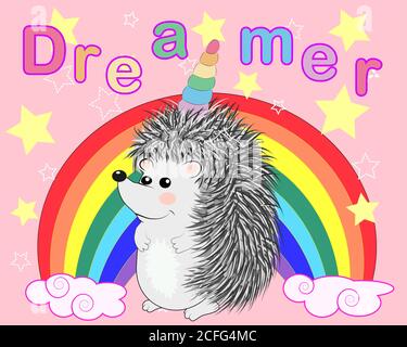 A cute cartoon hedgehog with a unicorn horn on a rainbow. Concept ...