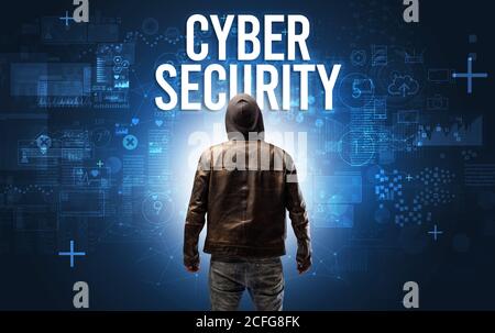 Faceless man with CYBER SECURITY inscription, online security concept ...