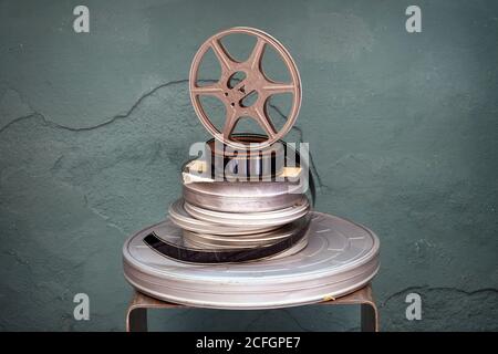Vintage old reel movie projector for cinema. Close up view of analogue ...