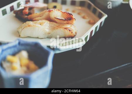 grilled yellow tail fish with salt. japanese lunch food menu set Stock ...