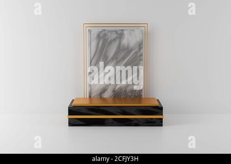 A 3D rendering of a marble product rectangle table stands on black ...