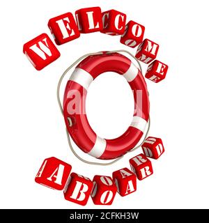 Welcome aboard. Lifebuoy and inscription WELCOME ABOARD made from red ...