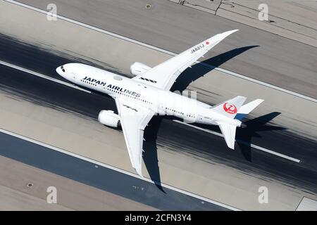 Aerial view of Japan Airlines Boeing 787 Dreamliner JA821J with taxiway ...