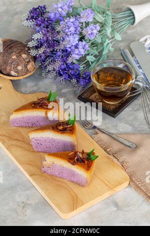 piece of taro chiffon cake topped with Thai taro custard and fried ...
