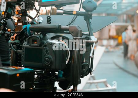 film crew production, behind the scenes background Stock Photo - Alamy