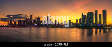 Beautiful panorama of the Miami skyline at sunset, from Key Biscayne ...