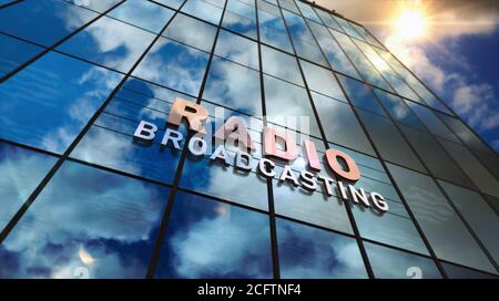Radio broadcast sign on glass building. Broadcasting station, on air ...