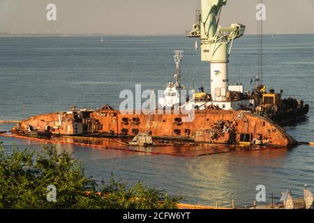 Broken oil tanker ship in the ocean. Oil spill accident. Pollution ...
