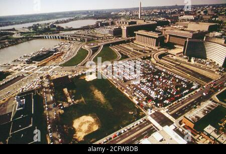 Aerial view of the Washington Monument taken from above looking down ...