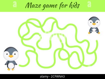 Labyrinth game, help the penguin to find a way out of the maze, cute ...
