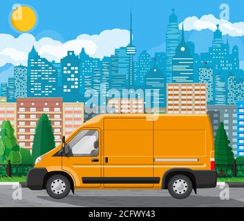 delivery orange mini cartoon car with a box, vector illustration Stock ...