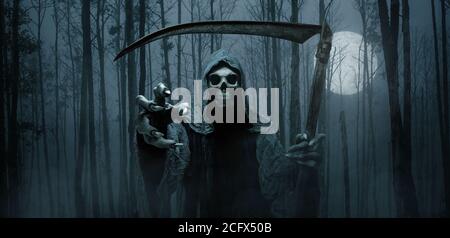 Scary monster or grim reaper ghost coming out of the dark shadows to ...