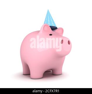 Piggy bank with party hat on white background Stock Photo - Alamy