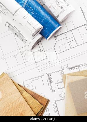 Blueprints, wood and stone samples Stock Photo - Alamy