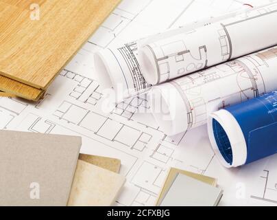 Blueprints, wood and stone samples Stock Photo - Alamy