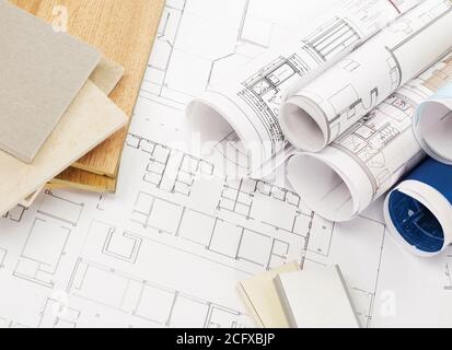 Blueprints, wood and stone samples Stock Photo - Alamy