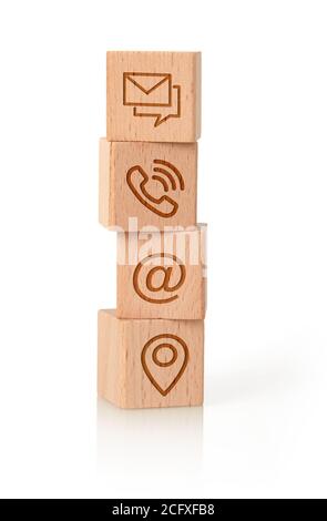 Contact us concept. Contact Symbols on white cube shape blocks. Copy ...