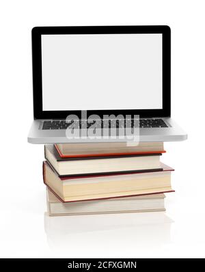 Stack of books with laptop isolated on white Stock Photo - Alamy