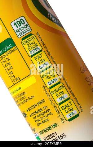 Nutritional information on bottle of fry light golden sunflower oil ...