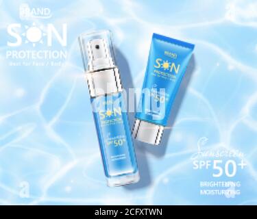 3d sunscreen ad template in sunbathing theme. Top view of plastic mock ...