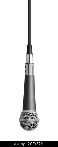 An isolated studio microphone hanging from above by it's cord facing ...