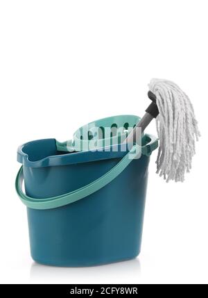 Mop and plastic bucket isolated on white, top view Stock Photo - Alamy