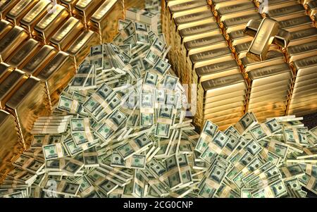 Dollar banknotes and a gold bar background - 3D Rendering Stock Photo ...