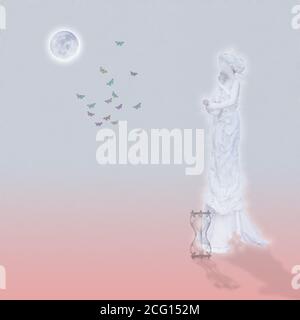 Statue of Roman moon goddess Luna holding a torch, wearing a billowing ...