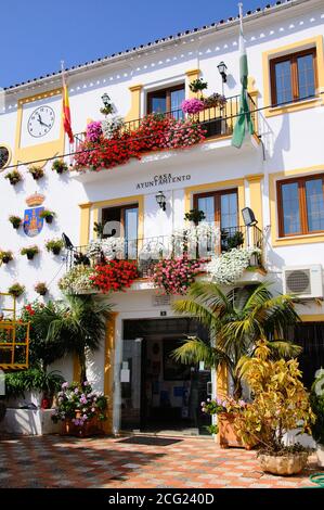The town hall (ayuntamiento), whitewashed village (pueblo blanco ...