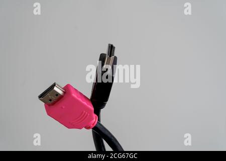 Pink and Black HDMI cables for connecting broadband fibre hub and ...
