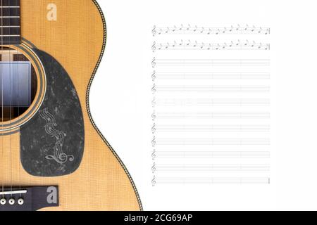 music score background with guitar watermark Stock Photo - Alamy