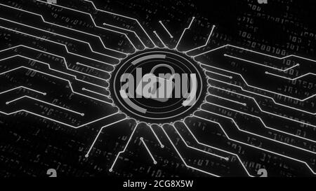 Digital security concept - concentric rings in center of data circuit lines in front of a binary ...