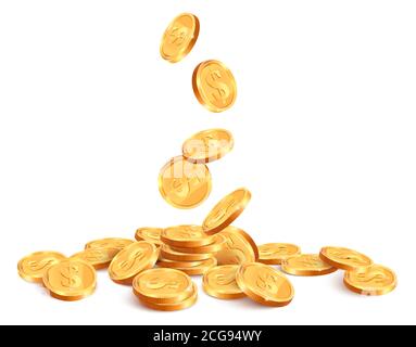 Realistic golden coins fall down composition with dark transparent ...