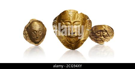 Mycenaean gold death masks from Grave Circle A, centre mask of ...