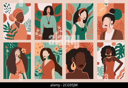 Women portraits. Female abstract hand drawn contemporary portrait ...