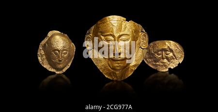 Mycenaean gold death masks from Grave Circle A, centre mask of ...