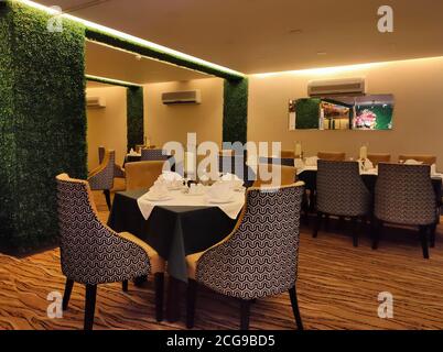 02 Sep 2020, Dhaka, Bangladesh. Stylish wooden interior of a restaurant ...