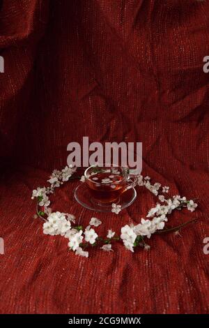 Blank with bouquet of jasmine flowers on a blue background. Spring ...