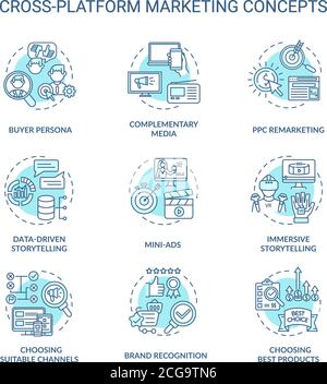 Brand awareness linear icons set. Recognition, Exposure, Visibility, Recall, Attention ...