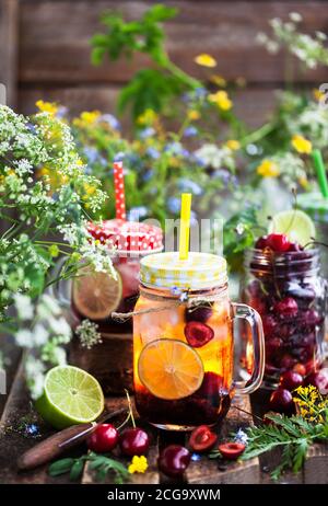 Summer fruits and berry cold cocktail, Lemonade, infused water with ...
