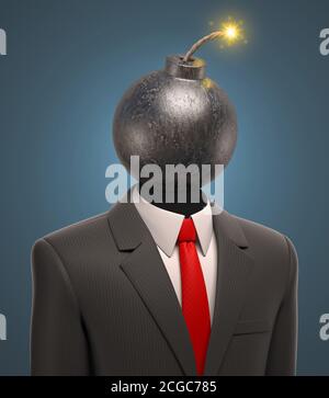 Brain bomb concept / 3D illustration of metal bomb with fuse shaped ...
