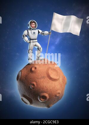 3D Render Astronaut Holding a White Banner on a Yellow Background Stock ...