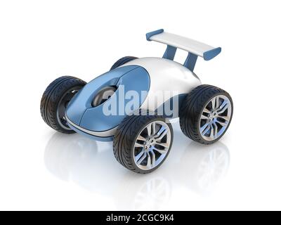Computer Mouse on car wheels, 3D rendering isolated on white background ...