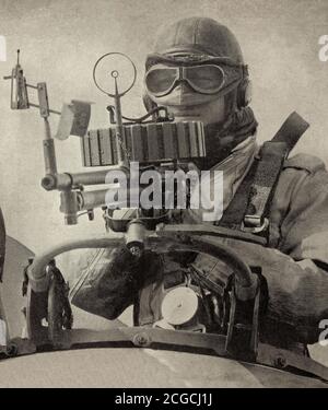 A Lewis machine gun with a 97-round magazine, magazine gauge, and ...