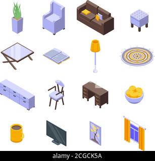 Cozy home isometric icons set with furniture decoration and human ...