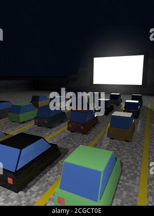 Parked cars at square to watch movies inside the car at night. Cine ...