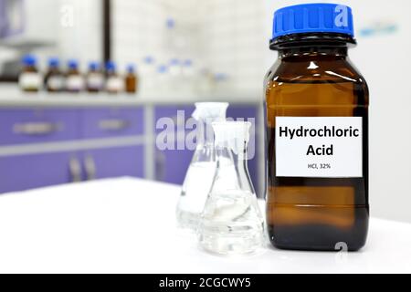 A bottle of concentrated hydrochloric acid (HCl) as used in a UK ...