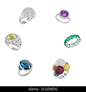 Collage of diamond engagement rings on shoes in gold and silver ...