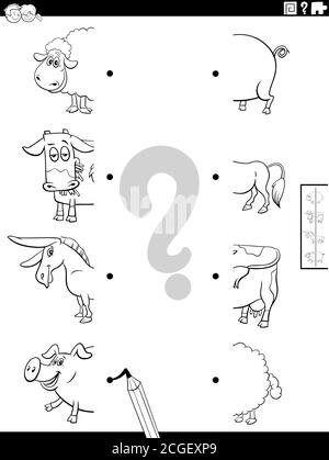 Black and white farm matching activity with animals, food. Country ...
